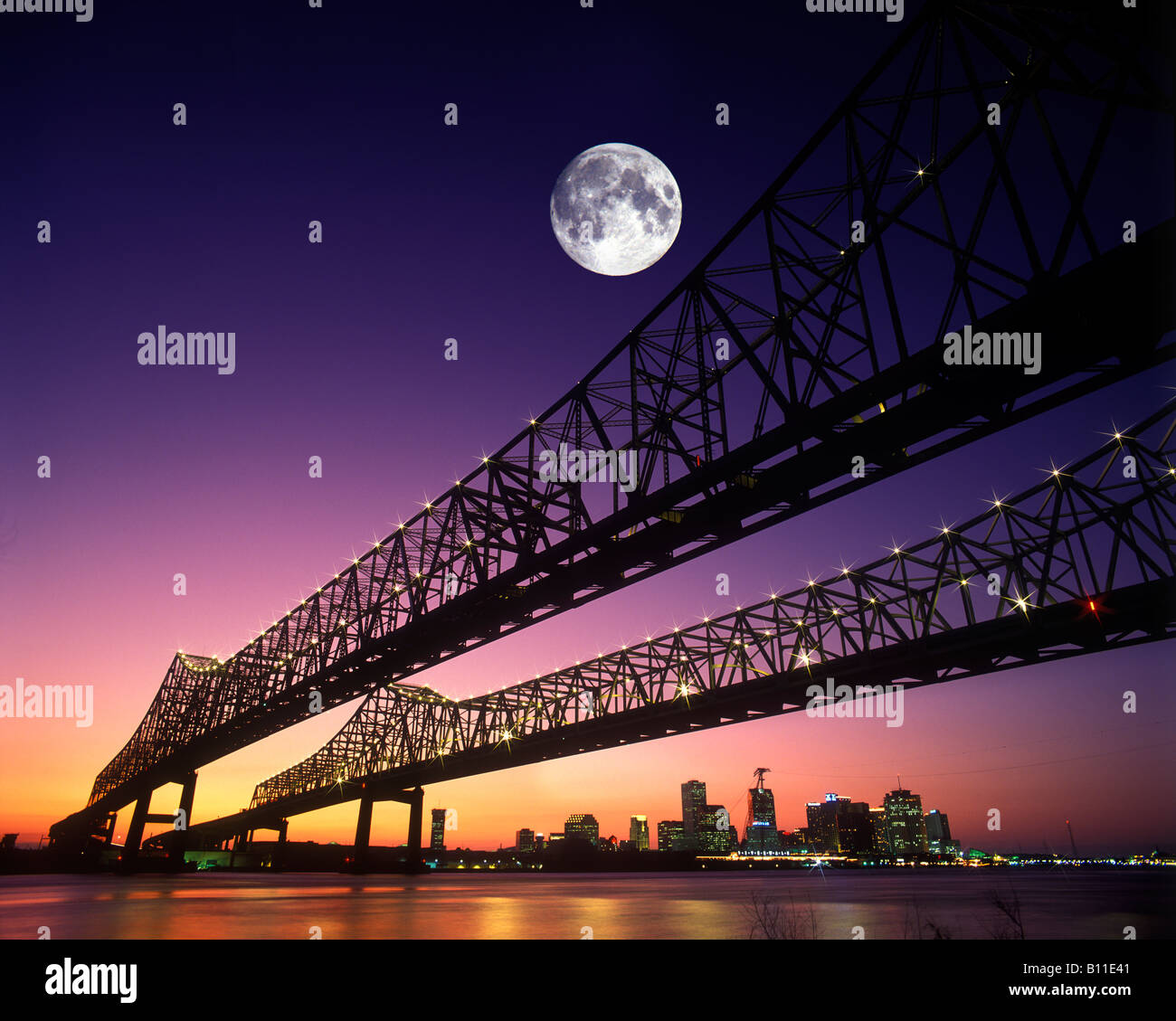DOWNTOWN SKYLINE CRESCENT CITY BRIDGES MISSISSIPPI RIVER NEW ORLEANS ...