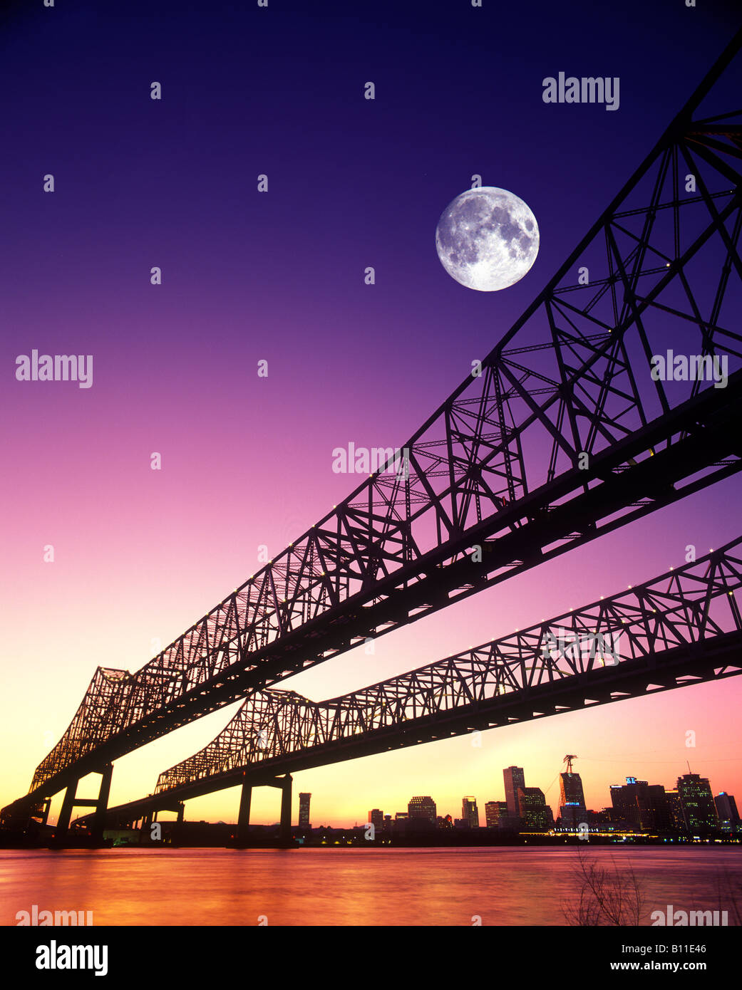 DOWNTOWN SKYLINE CRESCENT CITY BRIDGES MISSISSIPPI RIVER NEW ORLEANS ...