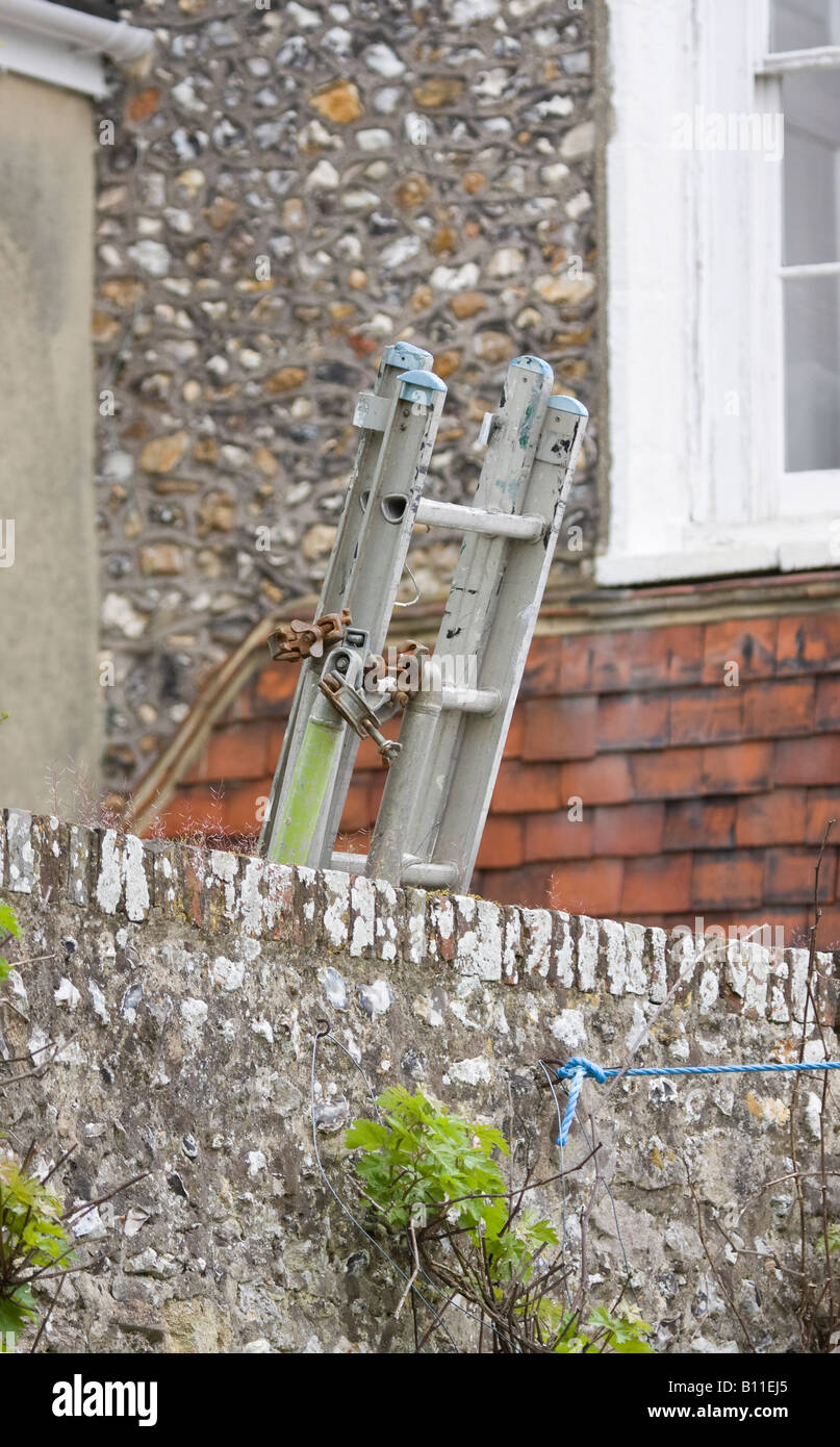 Locked ladder leaning against garden wall, Sussex, England Stock Photo ...