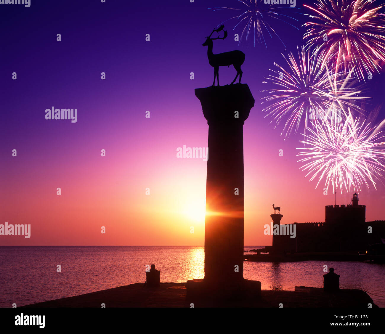 STAG STONE COLUMNS MANDRAKI OLD PORT RHODES DODECANESE GREECE Stock ...