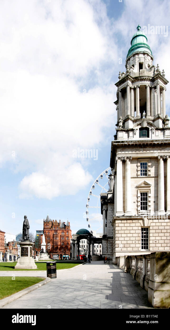 Belfast City Hall with the Belfast eye 200ft talll known as the Wheel ...