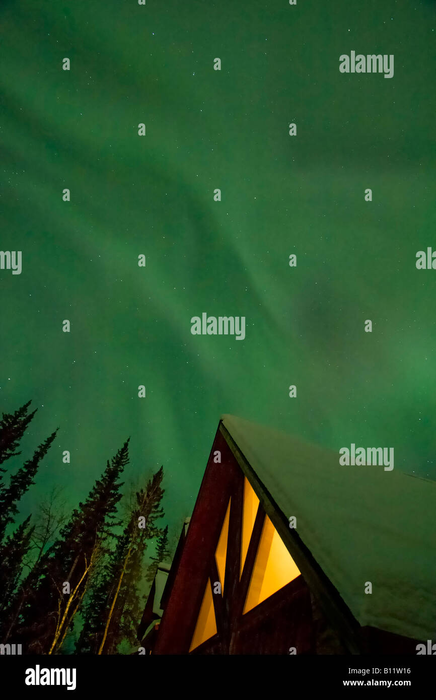 Northern lights aurora over roof of house near Fairbanks Alaska Stock ...