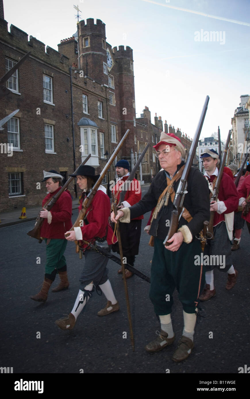 Kings Army musketeers march past St James's Palace for the parade ...