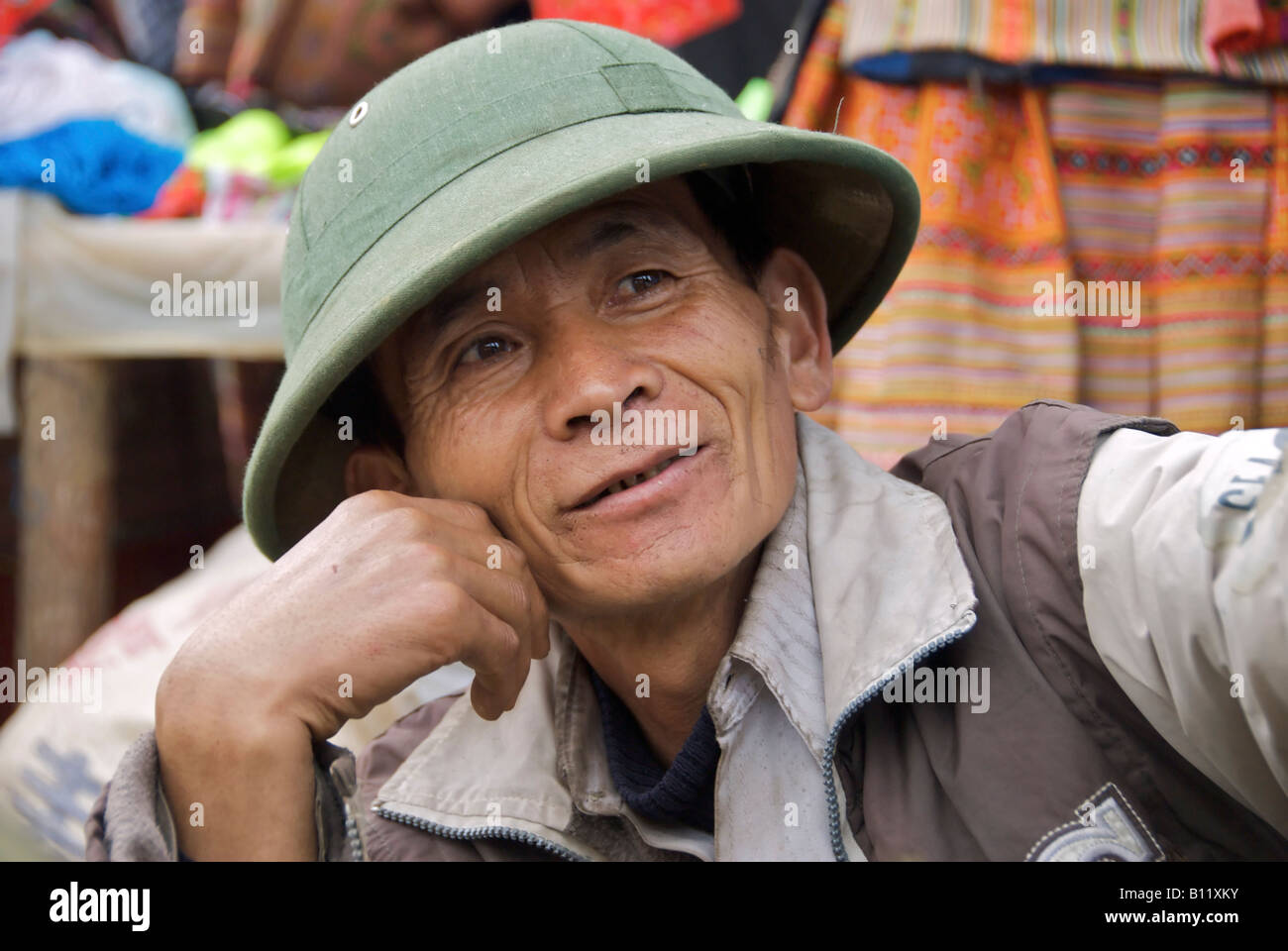 Portrait Flower Hmong man with green helmet Bac Ha Sunday Market ...