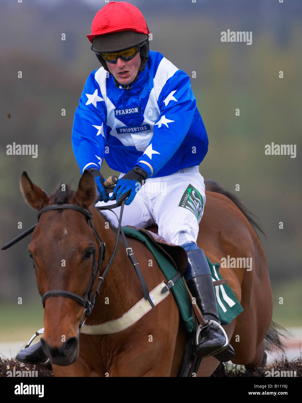 Horse racing jockey jumping a jump Stock Photo - Alamy