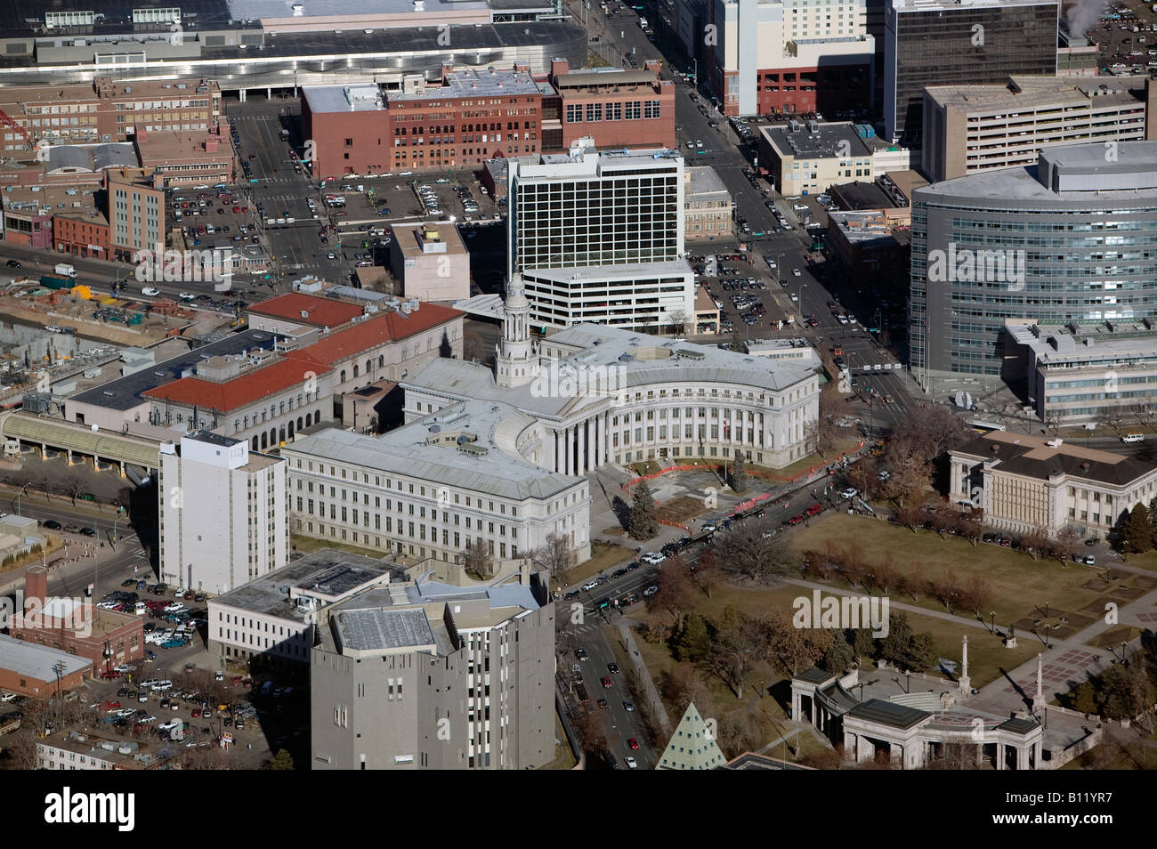 aerial above Denver City and County building City hall Colorado Stock ...