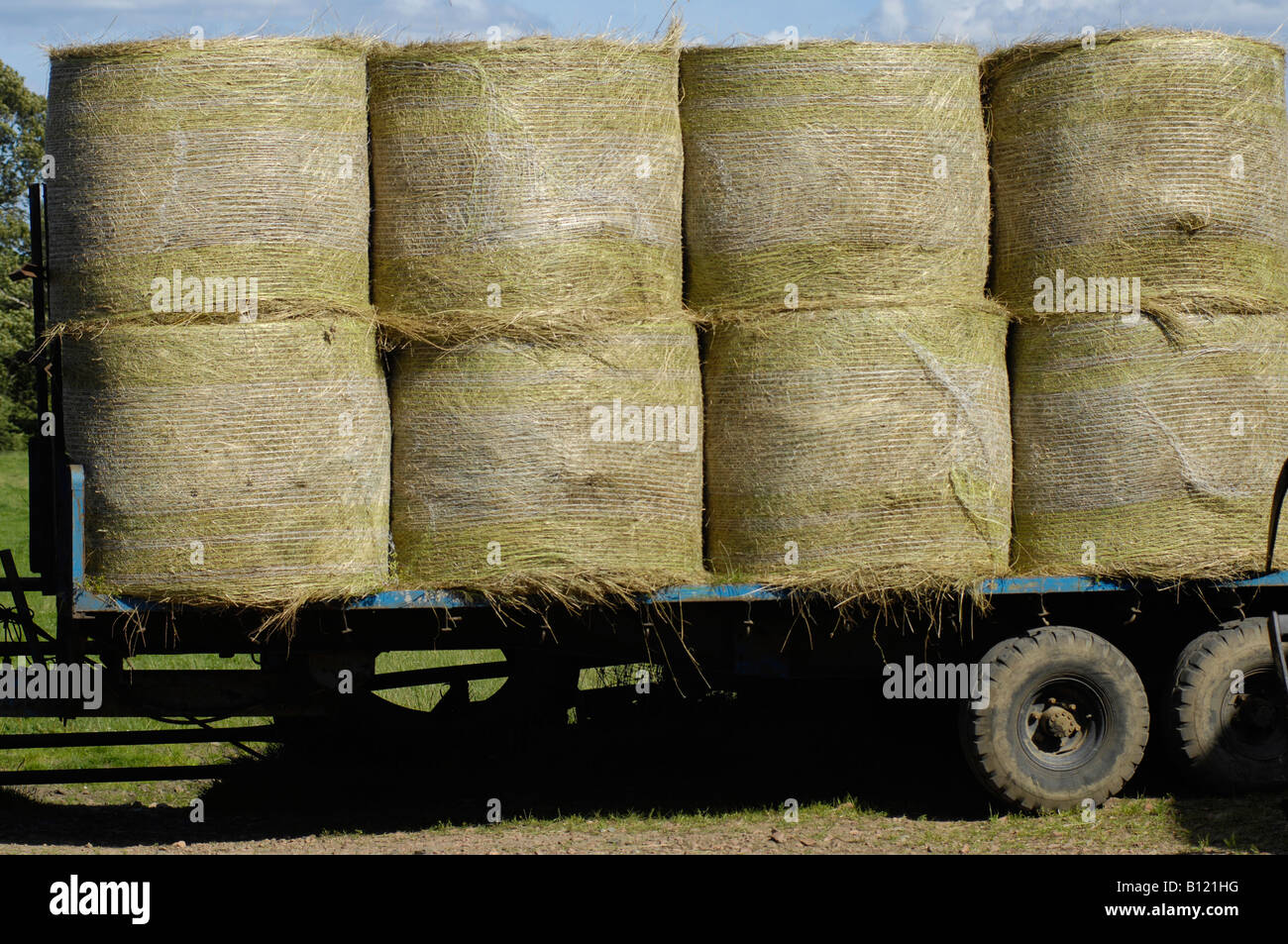 Hay bales on farm vehicle England UK Stock Photo - Alamy