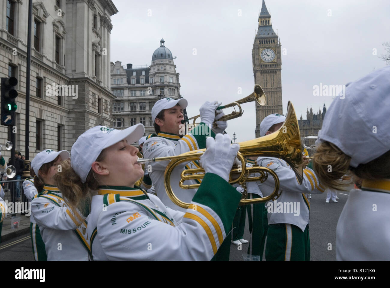 A US school marching band have a final practice in front of Big Ben ...