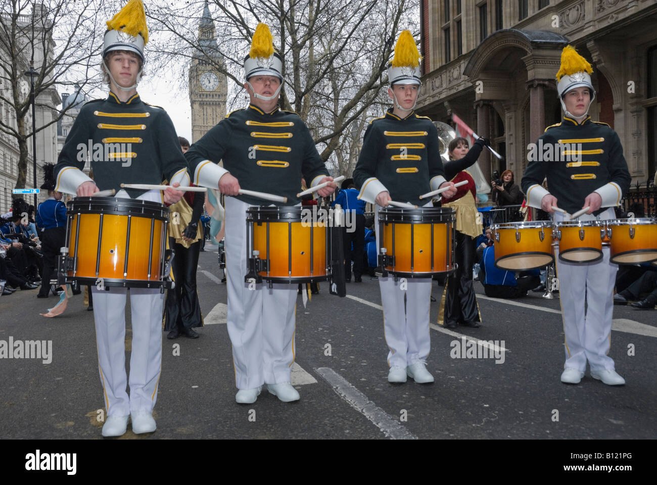 A US school marching band have a final practice in front of Big Ben ...