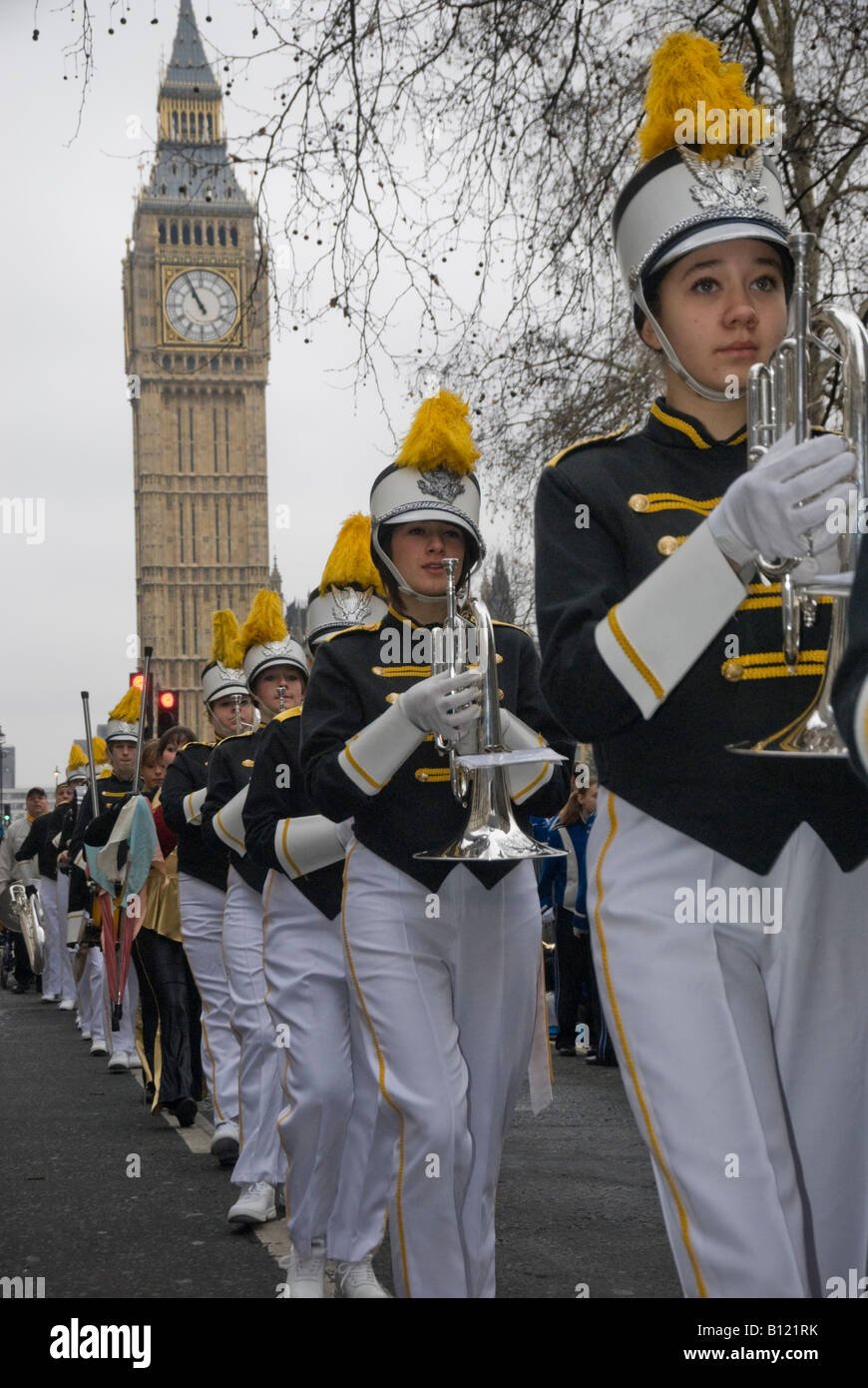 A US school marching band have a final practice in front of Big Ben ...