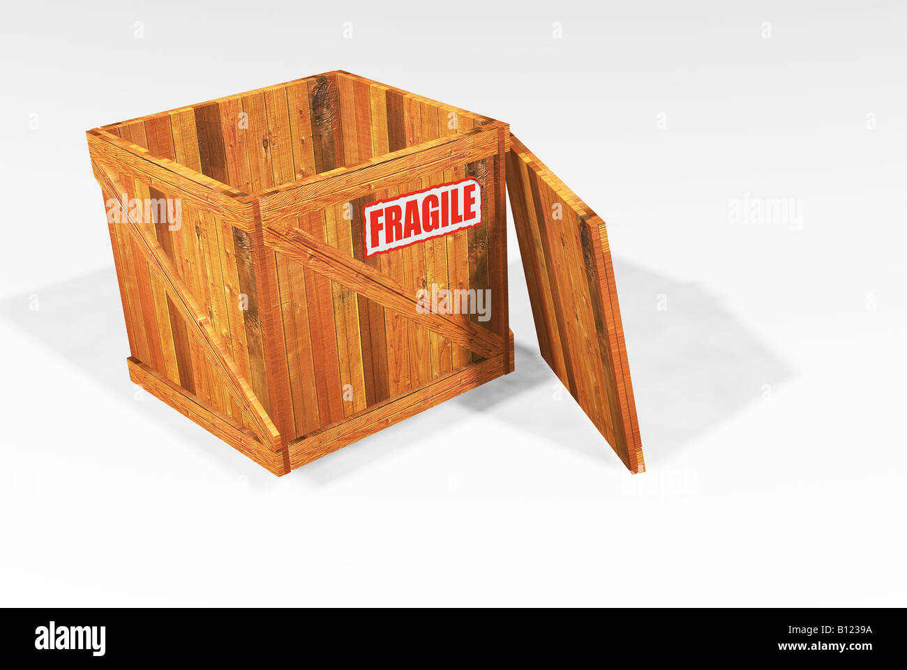 Open wooden crate with fragile sticker Stock Photo - Alamy