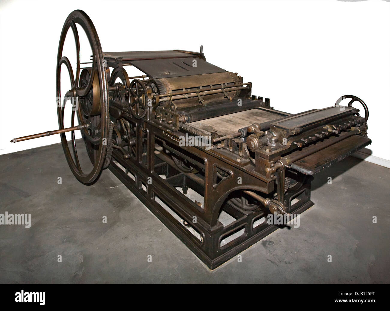 19th century old flat bed mechanical hand operated printing press ...