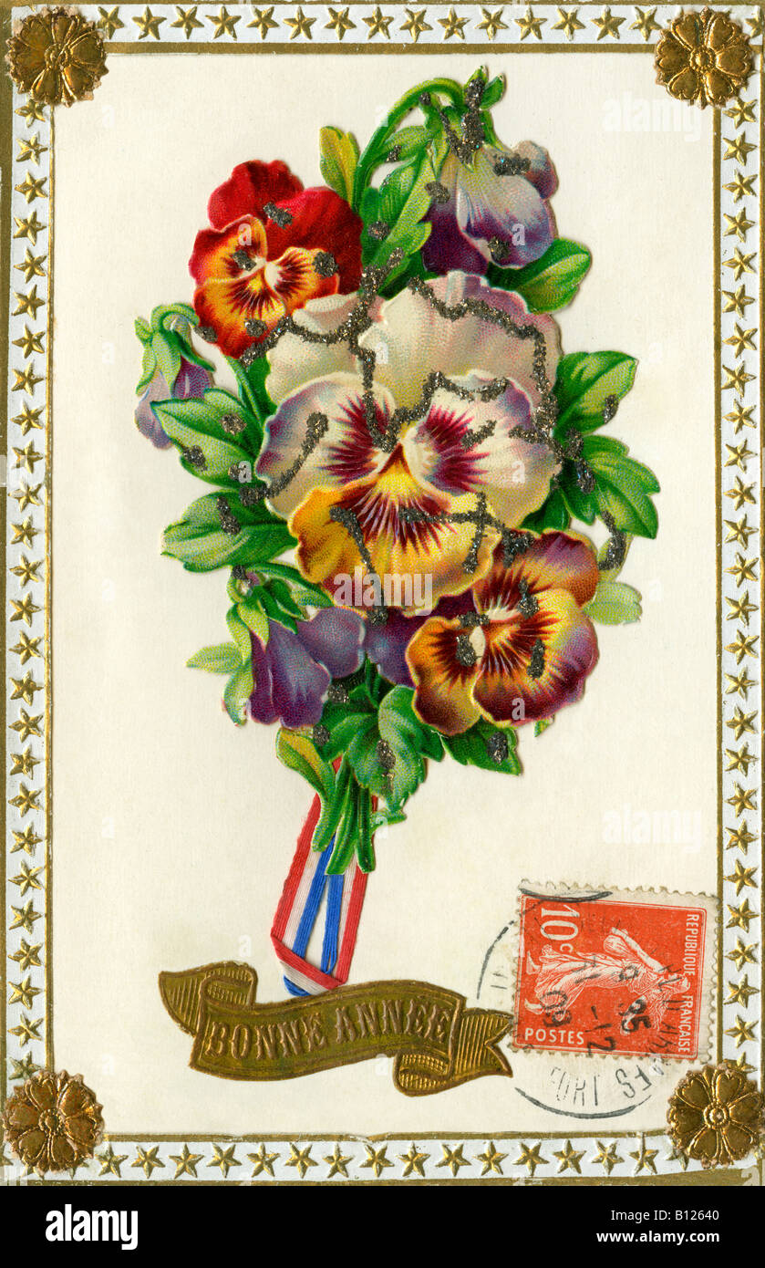 Traditional French "Bonne Annee" greetings postcard depicting bunch of ...