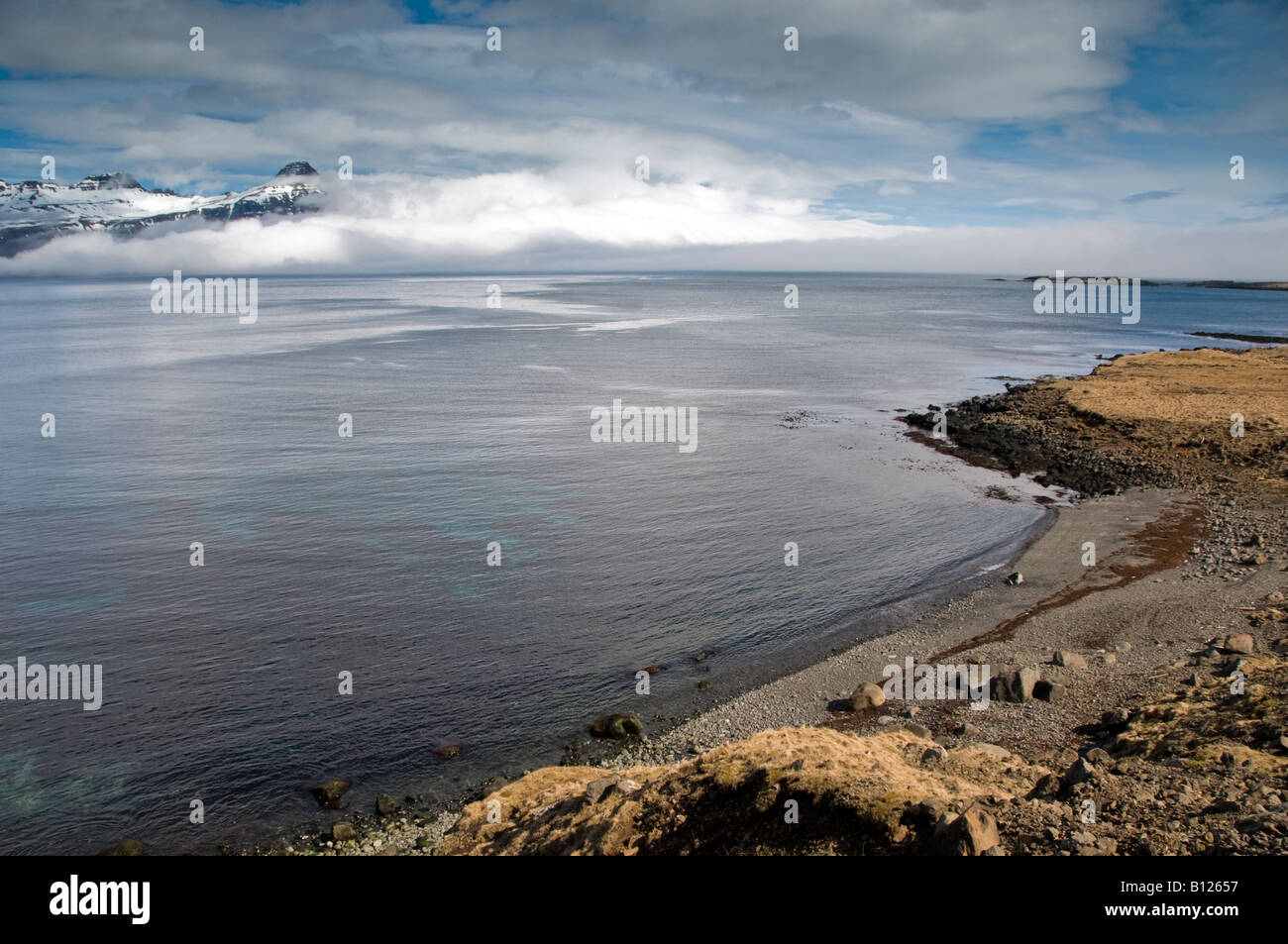 Reydarfjordur and the mountains of the Oddsskaro Pass area in the East ...