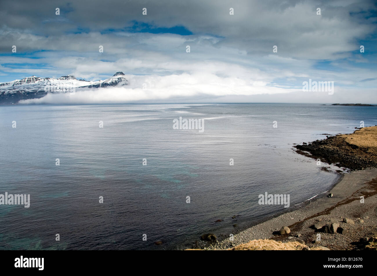 Reydarfjordur and the mountains of the Oddsskaro Pass area in the East ...