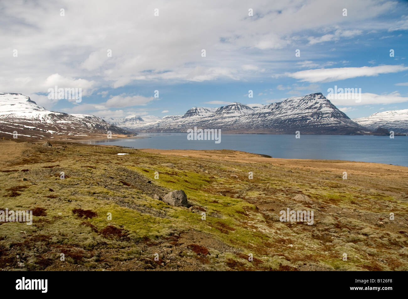 Reydarfjordur Reydarfjord and the mountains of the Oddsskaro Pass area ...
