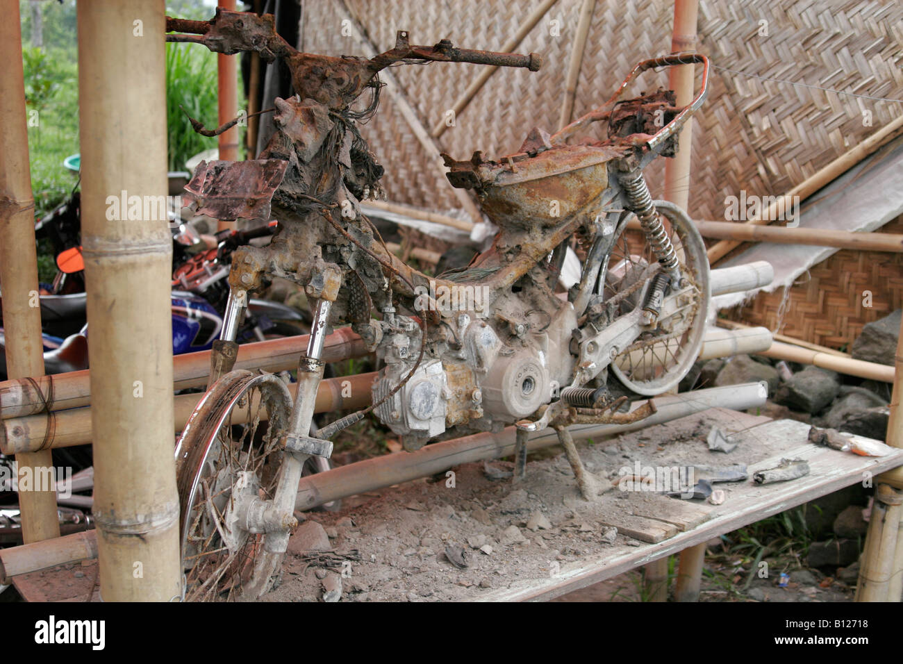 Motorbike destroyed by the eruption of Merapi volcano in May 2006 ...