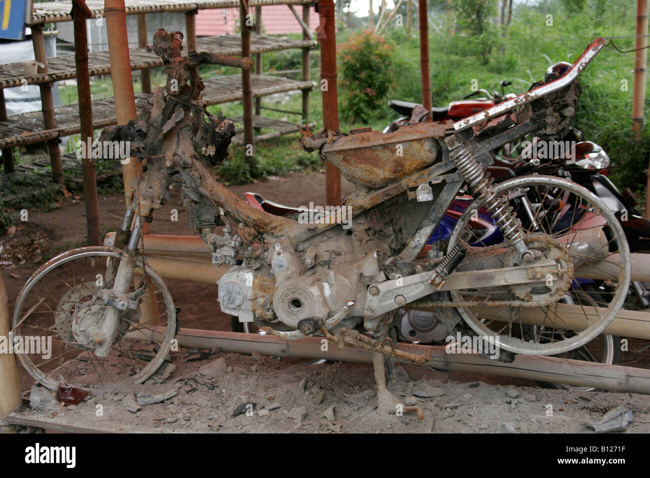 Motorbike destroyed by the eruption of Merapi volcano in May 2006 ...