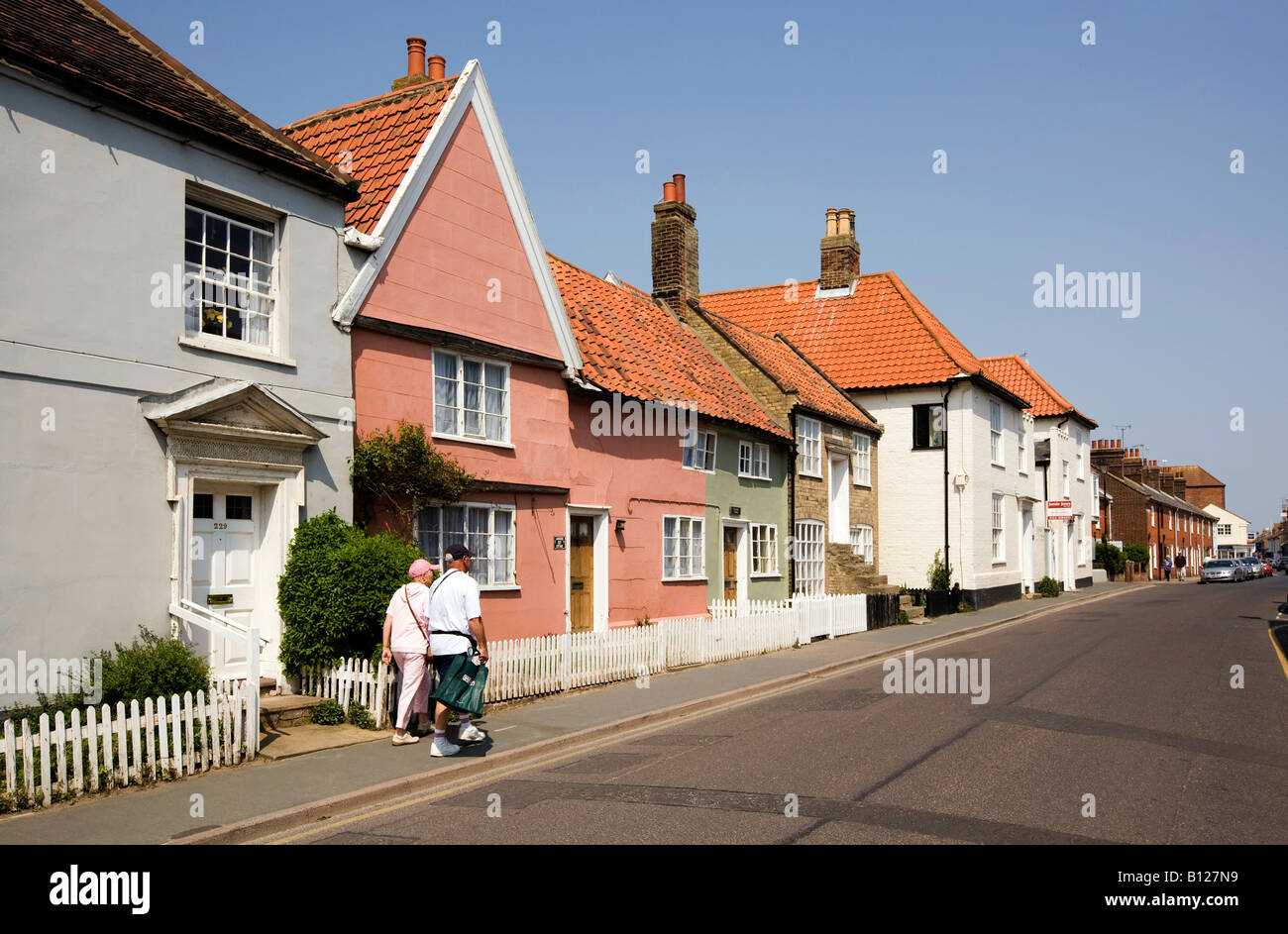 UK England Suffolk Aldeburgh Slaughden Road row of colourful houses ...