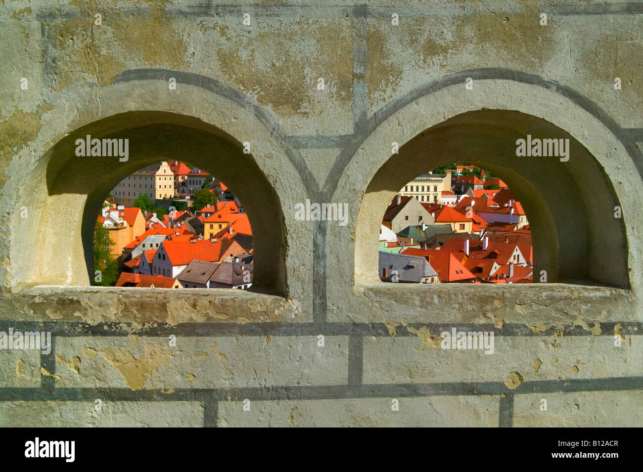 Cityscape of Cesky Krumlov through arch window Czech Republic Stock ...