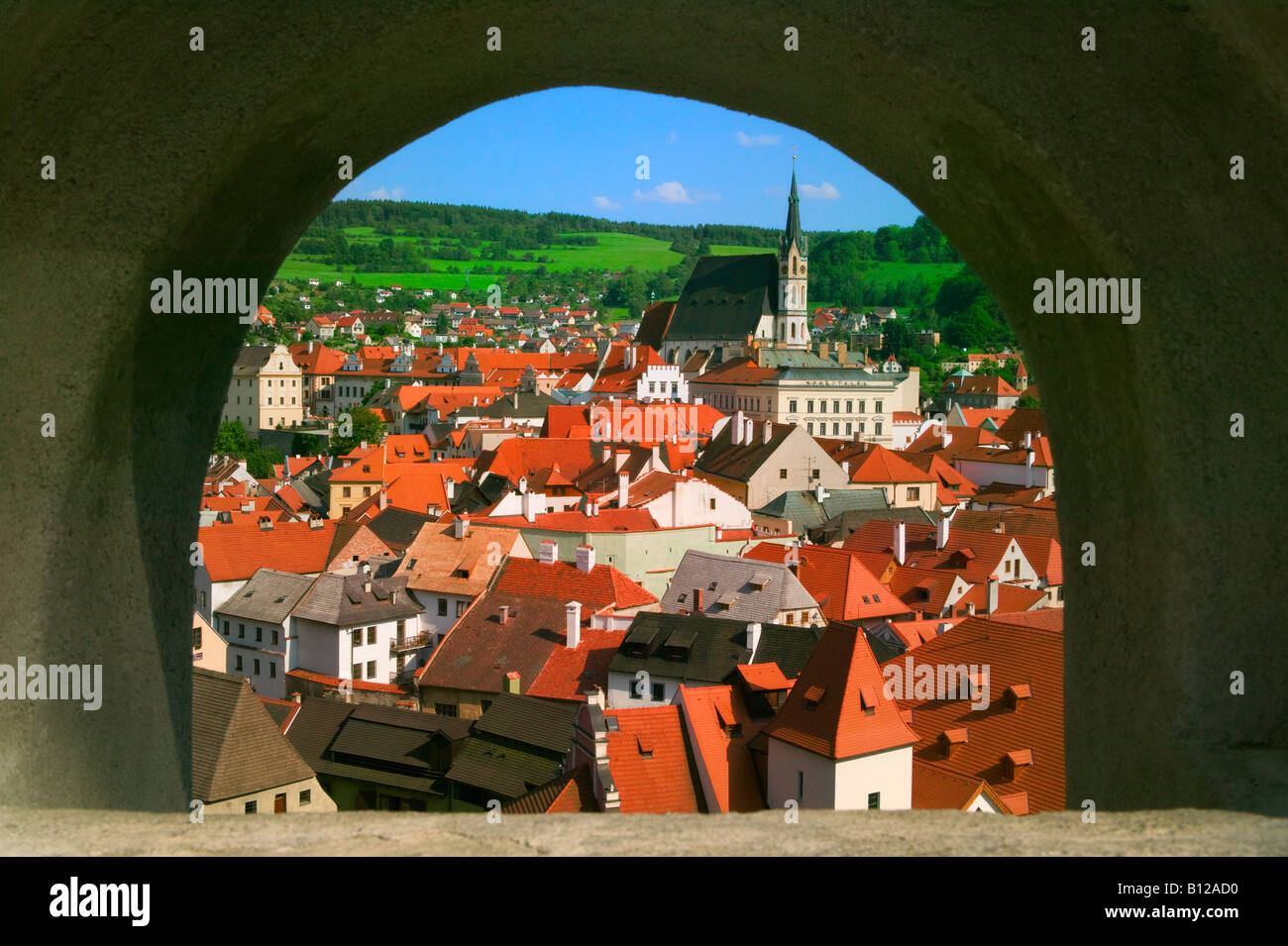 Cityscape of Cesky Krumlov through arch window Czech Republic Stock ...