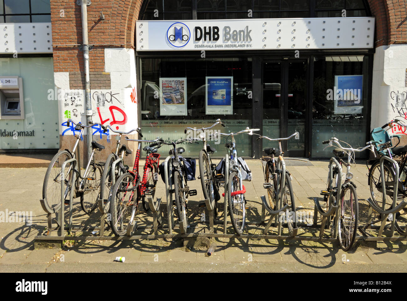 Bicycles parking in front of bank Amsterdam Holland The Netherlands ...
