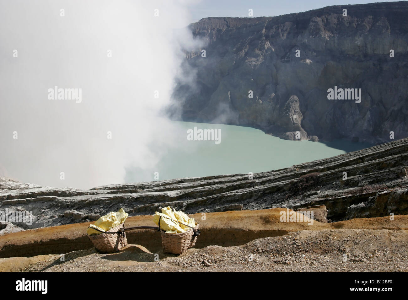 Turquoise sulphur lake in the crator of the active volcano, Ijen ...