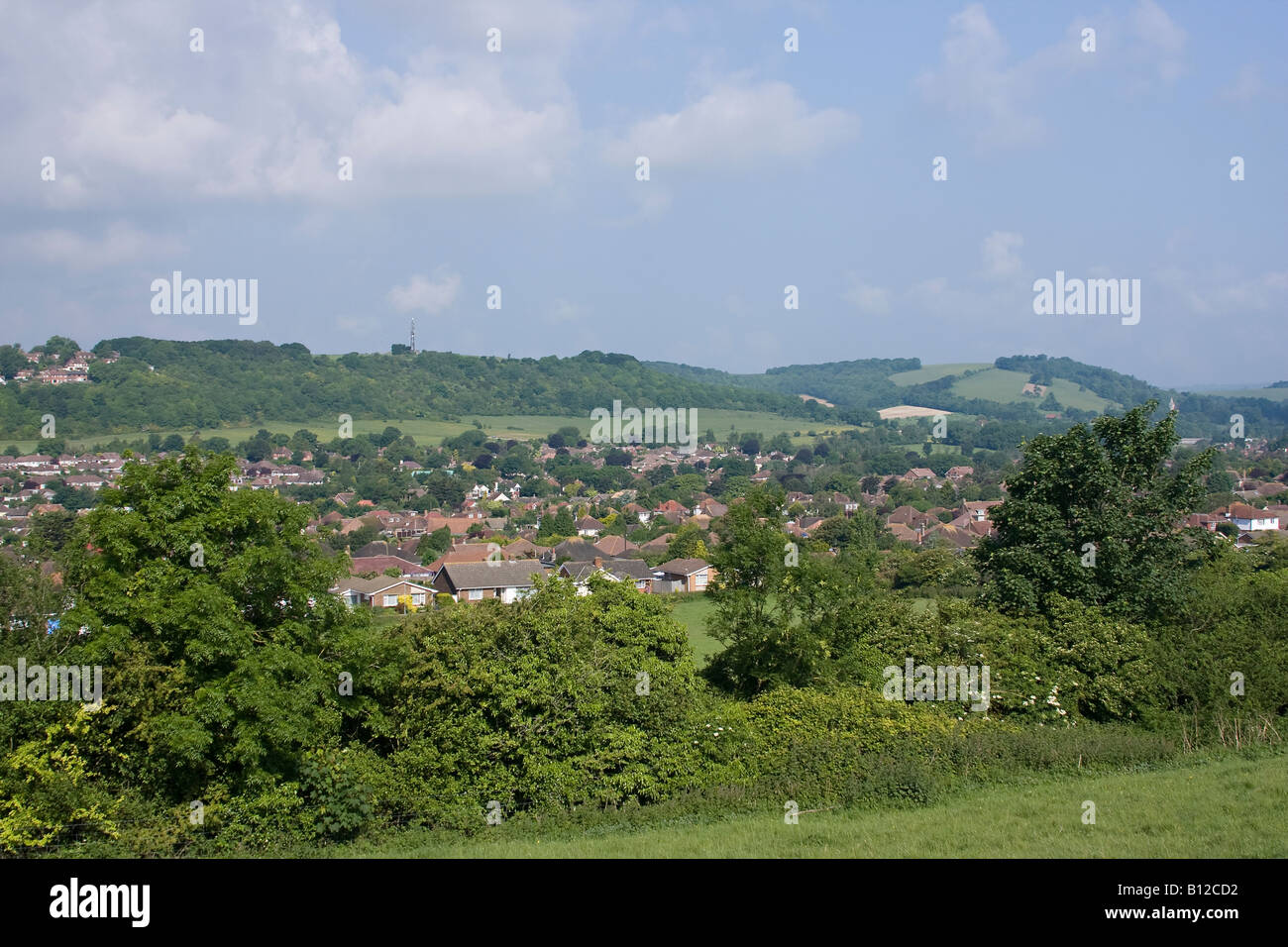 View over Findon Valley from the top of the South Downs Sussex England ...