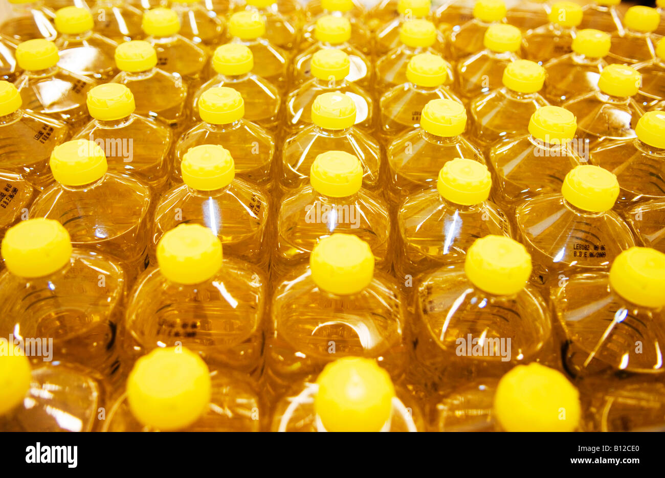 Rows of cooking oil in plastic bottles on supermarket shelf Stock Photo ...
