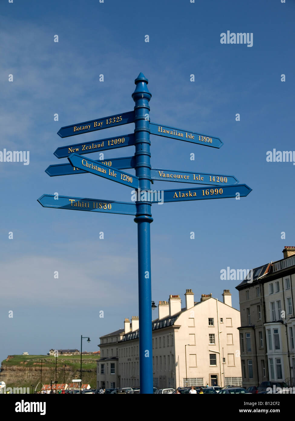 A signpost in Whitby showing distances sailed in Nautical Miles to ...