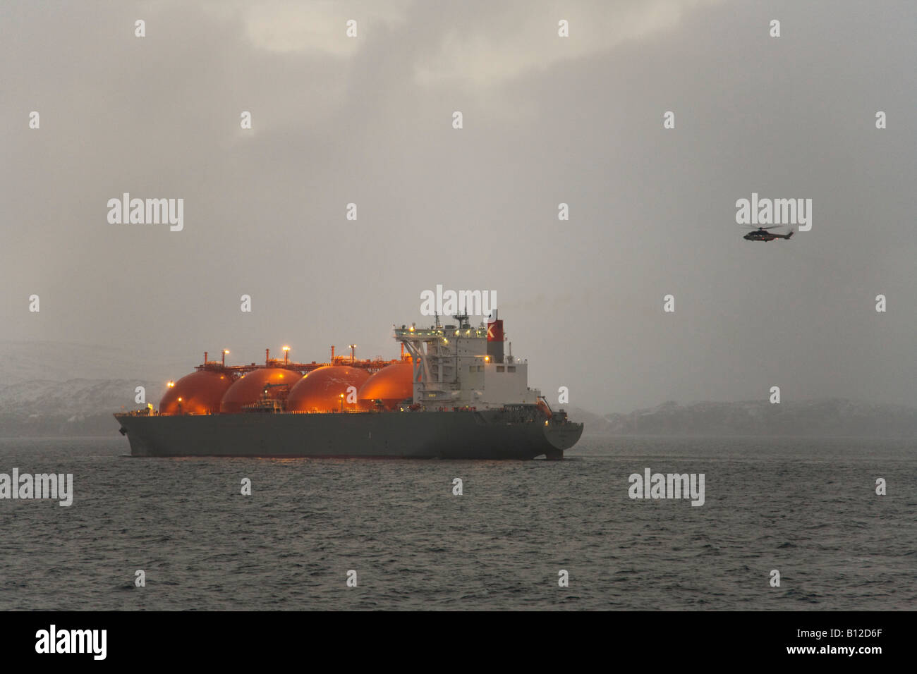 Hammerfest Norway Gas tanker helicopter about to land on ship MS Arctic ...