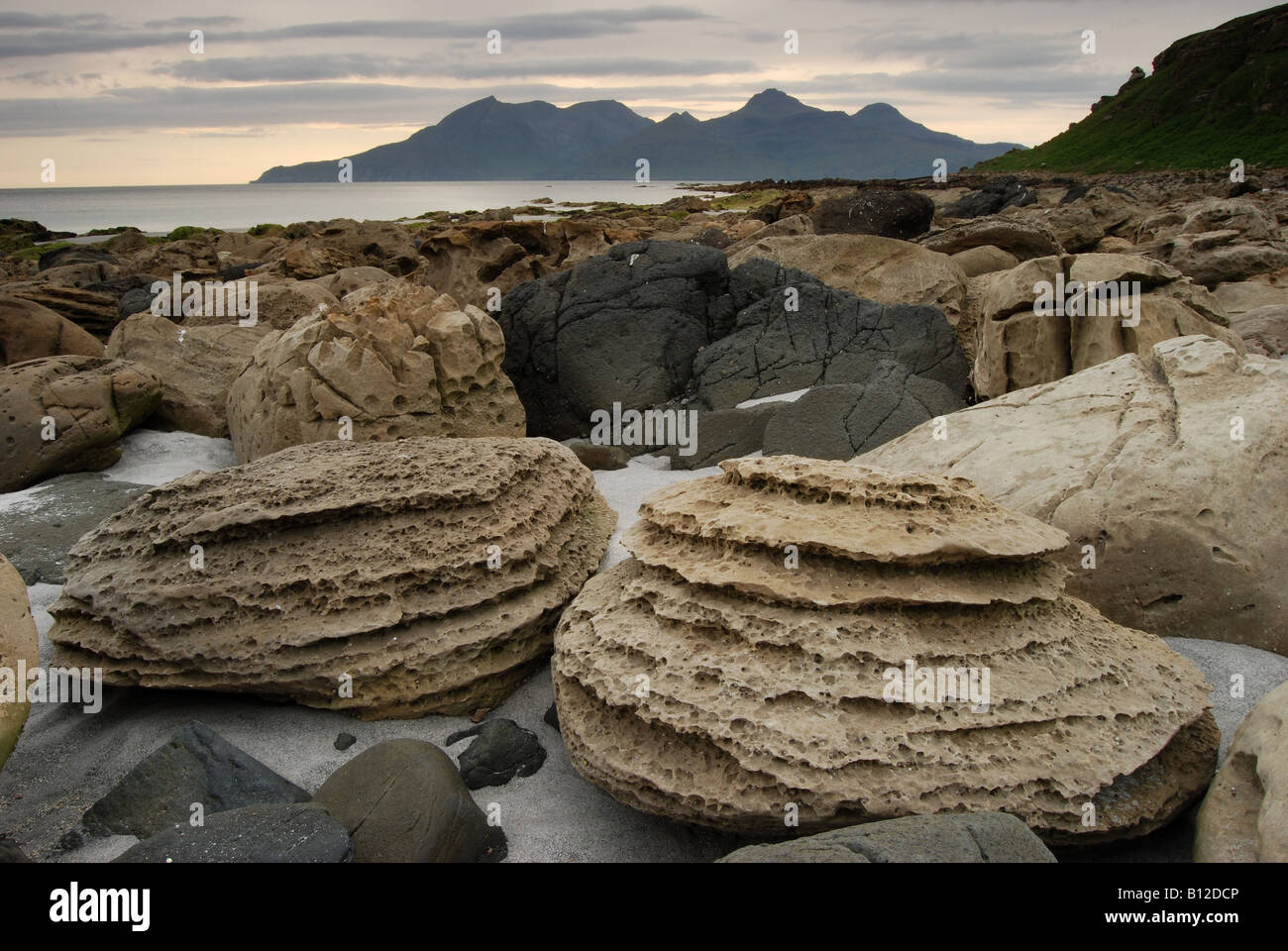 Rum Cuillin viewed from Camas Sgiotaig ( Singing Sands), Isle of Eigg ...