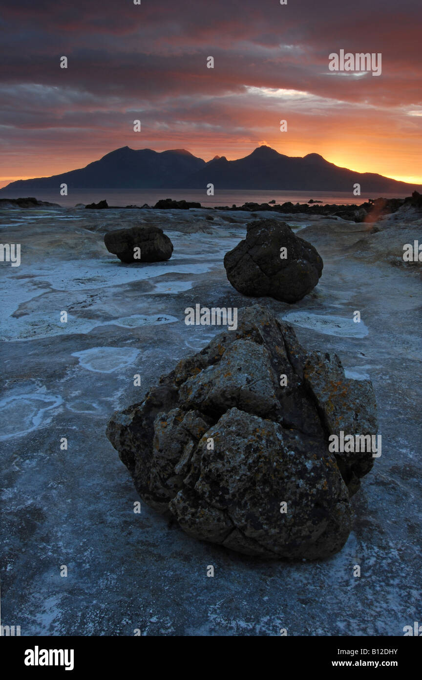 Rum Cuillin viewed from Laig Bay, Isle of Eigg, Scotland, UK Stock ...