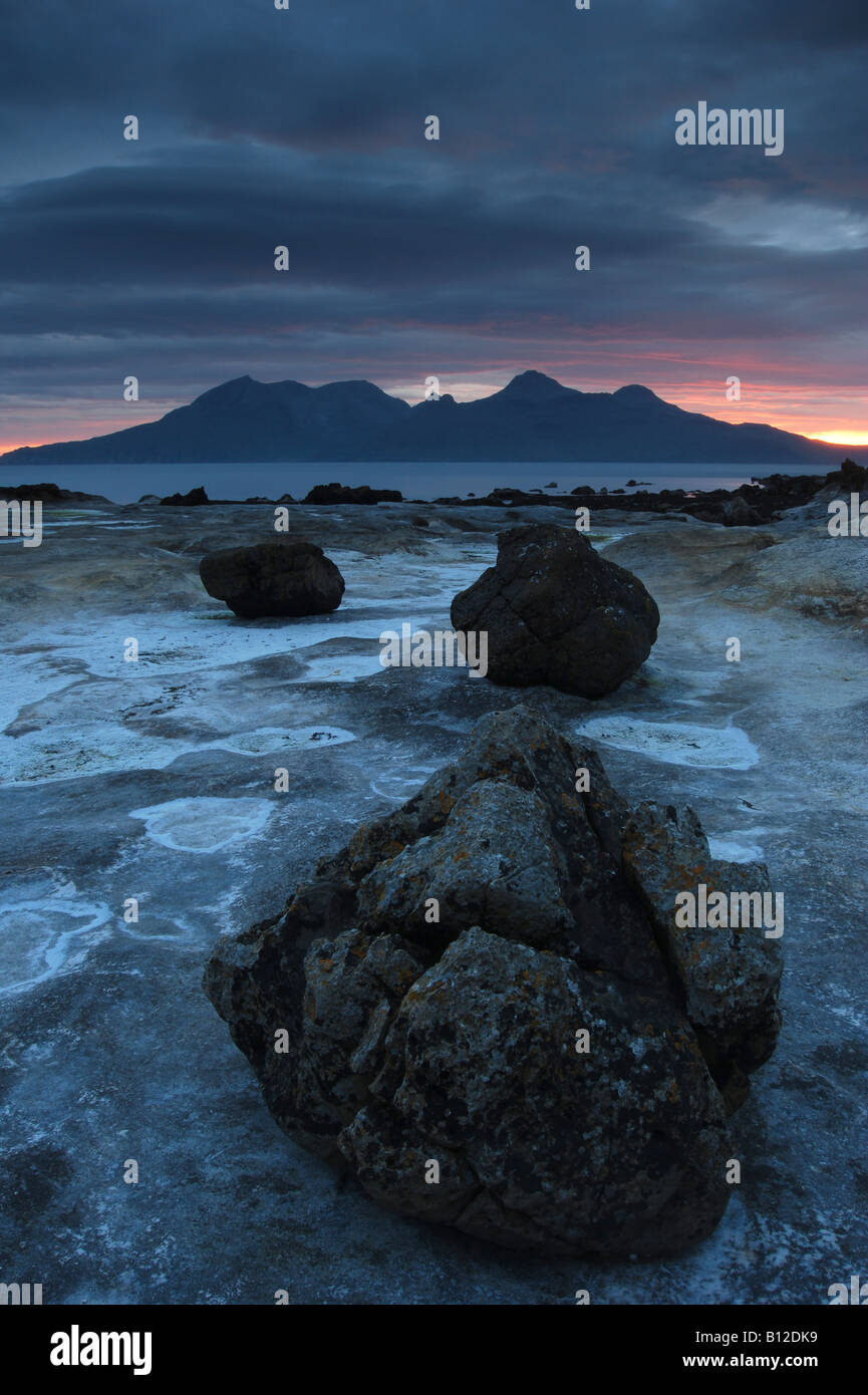 Rum Cuillin viewed from Laig Bay, Isle of Eigg, Scotland, UK Stock ...