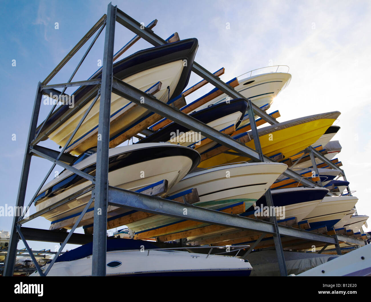 Speed boats racked and stacked for storage. Marina, Poole, Dorset. UK ...