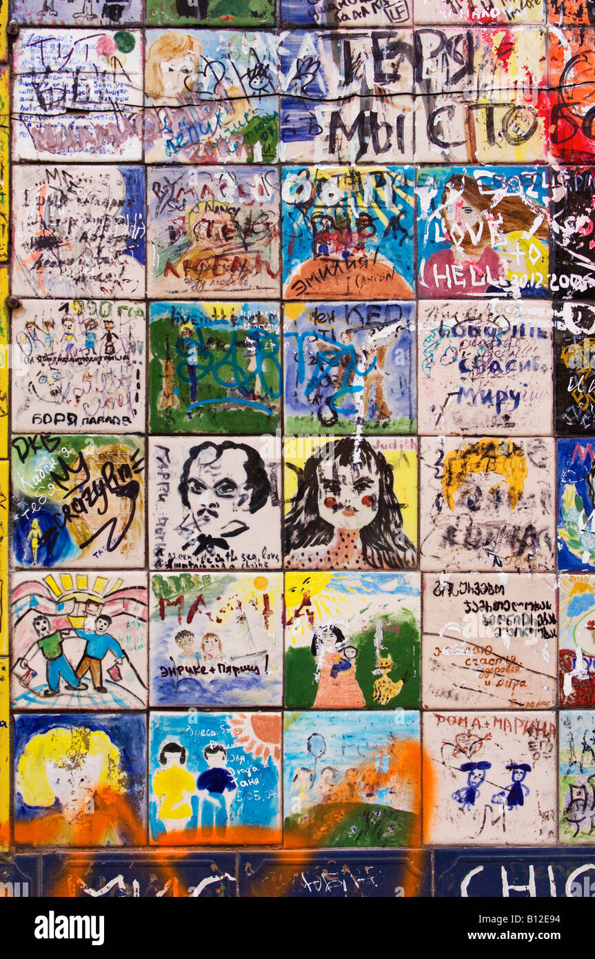 Tiles covered with graffiti in the Arbat Ulitsa Arbatskaya Moscow ...