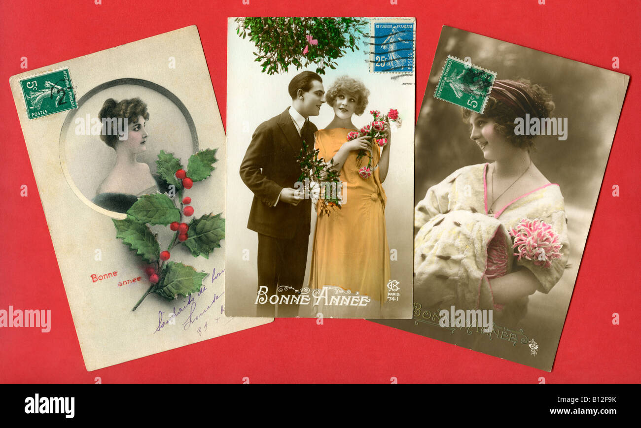 Traditional French "Bonne Annee" greetings postcards depicting happy ...
