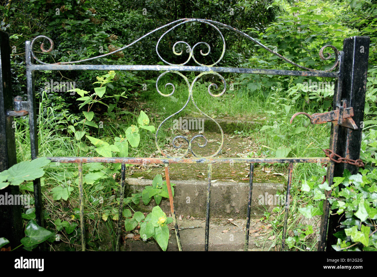 A broken metal gate in front of an overgrown path through a garden ...