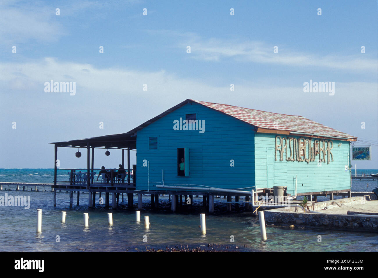 Waterside seaside bar and restaurant on stilts, Caye Caulker, Belize ...