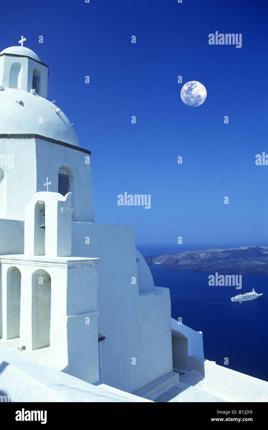 WHITE DOMED CHURCH FIRA SANTORINI ISLAND CYCLADES AEGEAN SEA GREECE ...