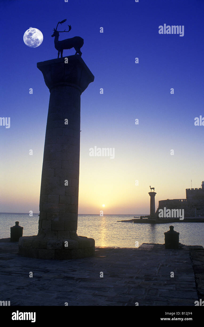 STAG STONE COLUMNS MANDRAKI HARBOUR RHODES GREECE Stock Photo - Alamy