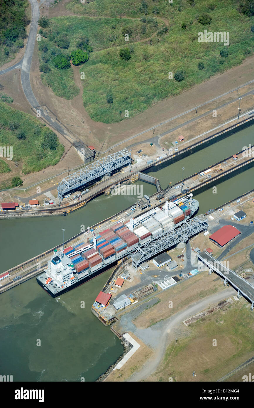 AERIAL OVER PANAMAX CONTAINER SHIP AERIAL MIRAFLORES LOCKS PANAMA CANAL ...