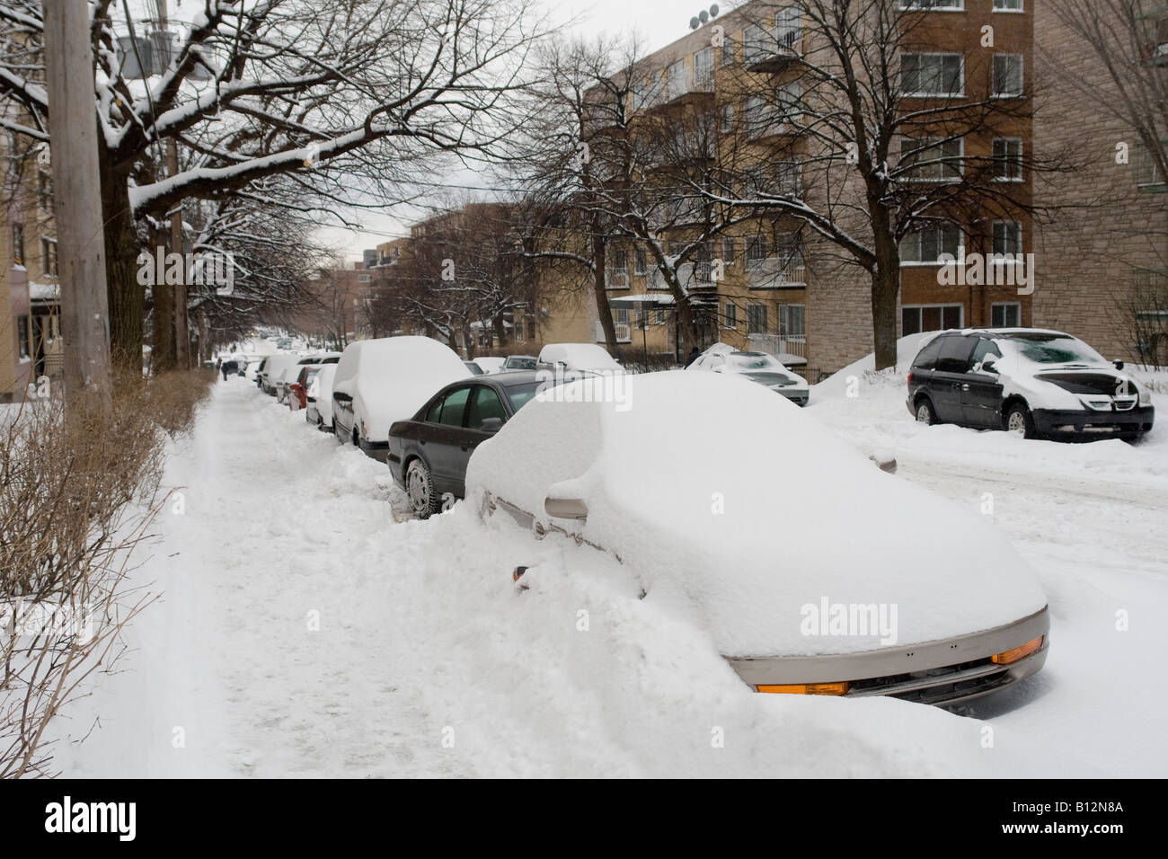 A scene along snow bound Montreal suburban street after a heavy snow ...