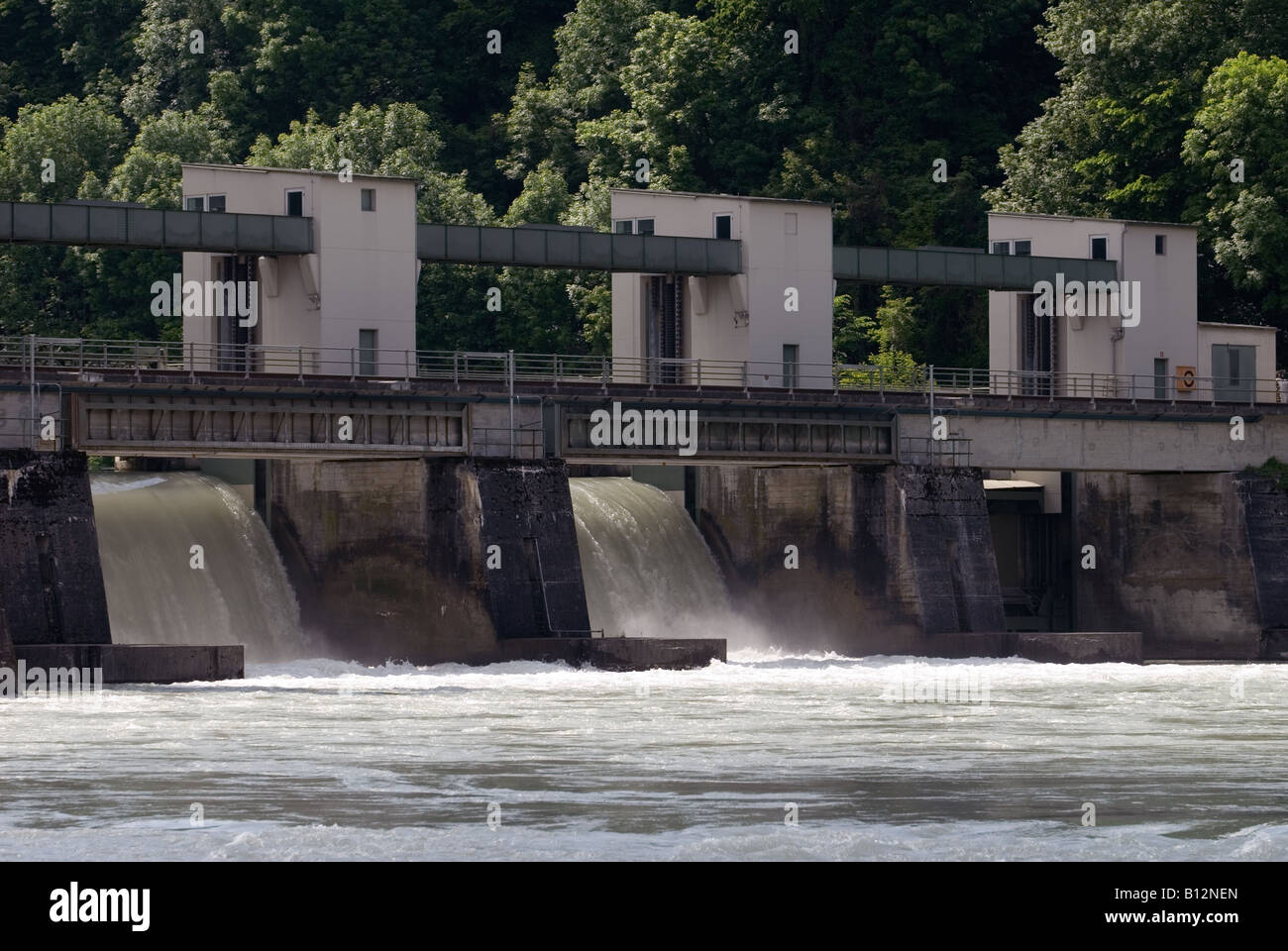 E.ON hydroelectric power station on the river Inn, Wasserburg, Bavaria ...