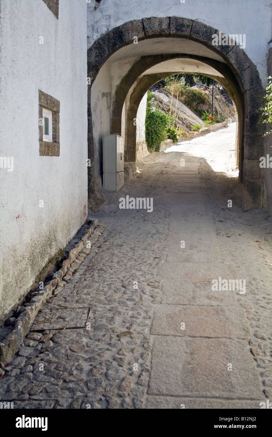 Typical medieval street in Marvao village, Portalegre District ...