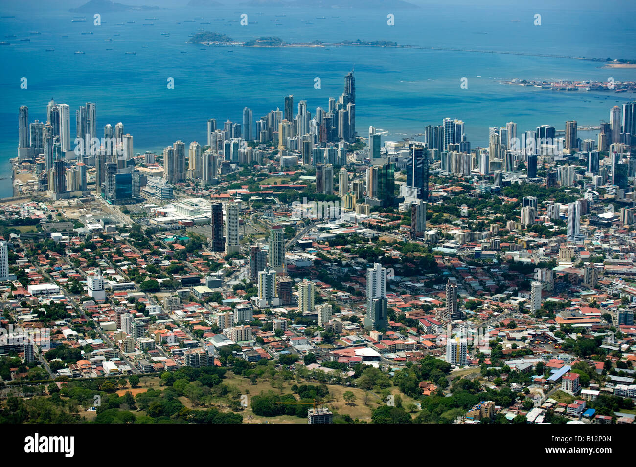 AERIAL OF PANAMA BAY SKYLINE DOWNTOWN PANAMA CITY REPUBLIC OF PANAMA ...