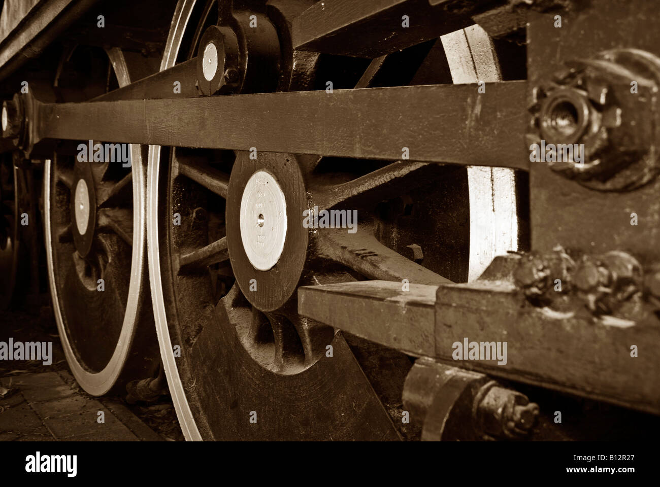 great steam train locomotive wheels closeup image in rich sepia Stock ...