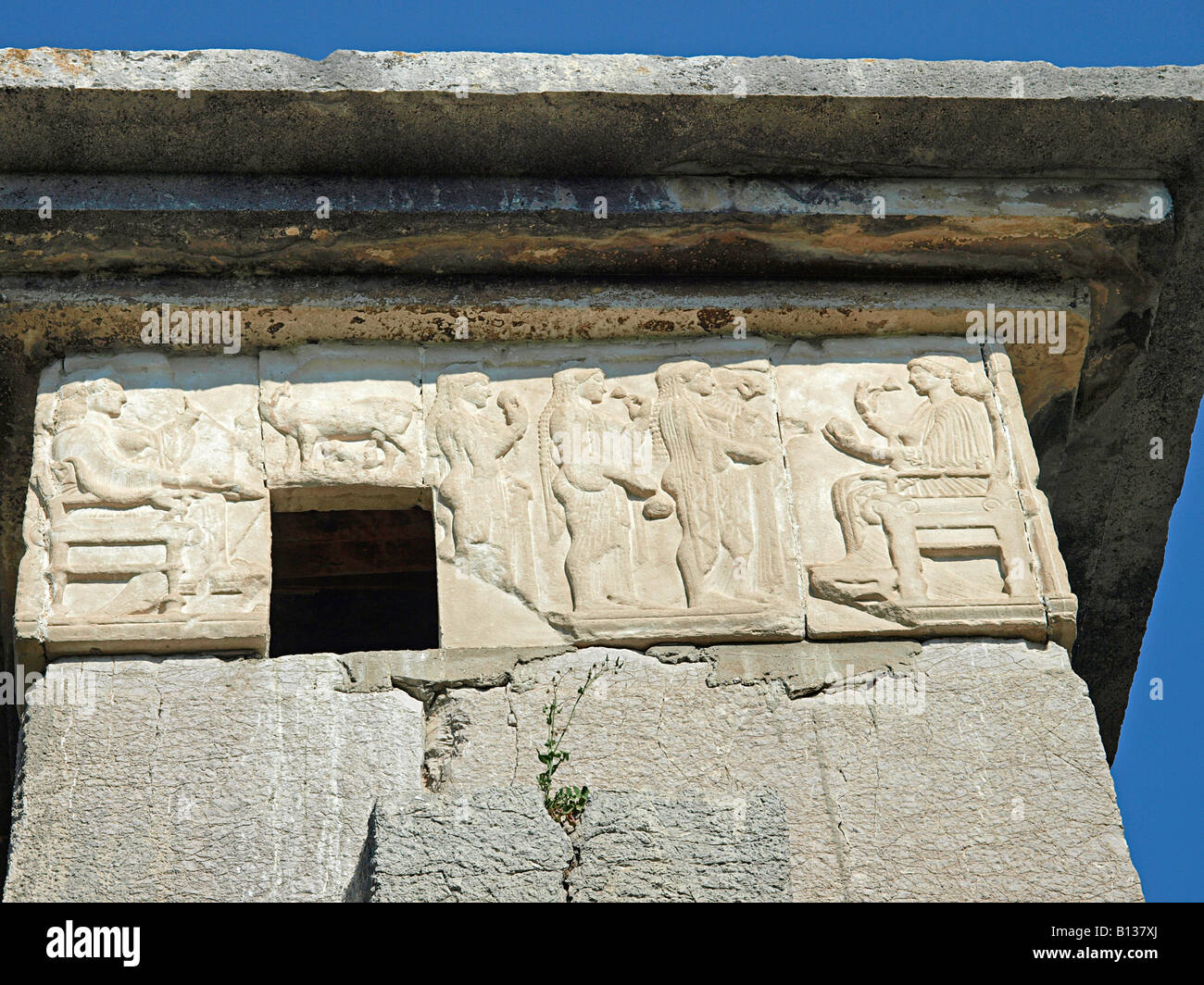 DETAIL OF CARVED RELIEF ON STONE TOMB MONUMENT THAT FORMS PART OF THE ...