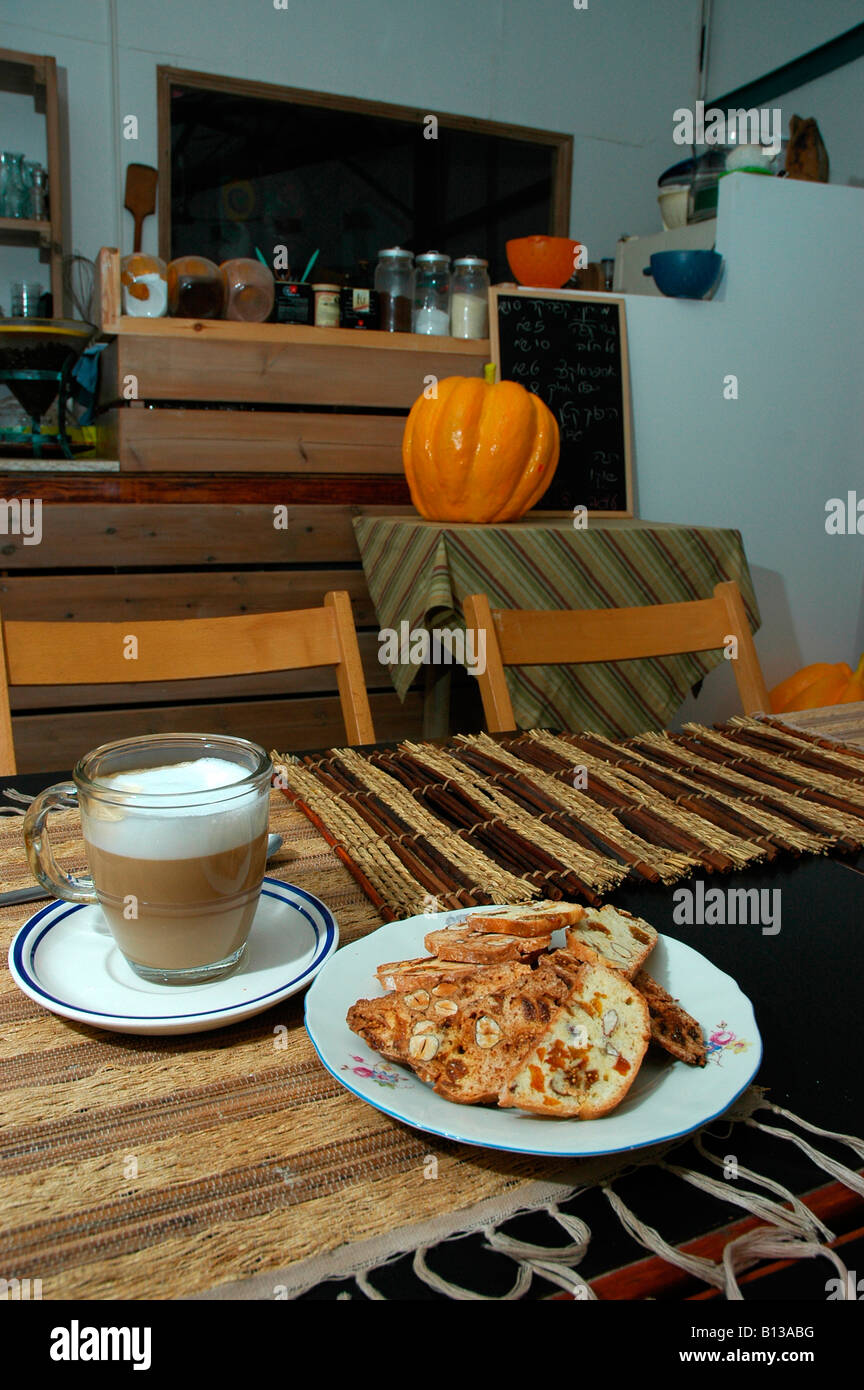 Interior of a small Cafe restaurant coffee and cake on the table Stock ...