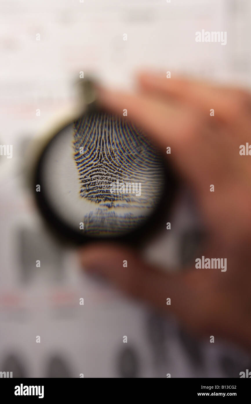 Close up of a person inspecting a sheet of fingerprints using a ...